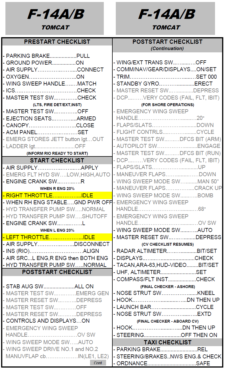 F-14A/B Quick Checklist.